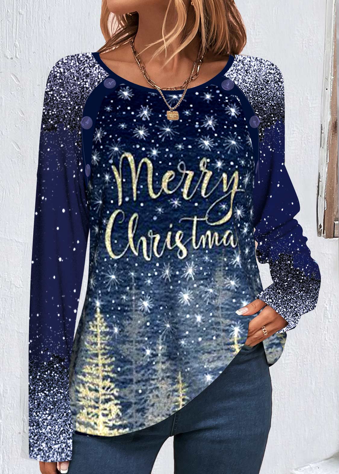 Navy Patchwork Christmas Print Long Sleeve Round Neck Sweatshirt ...