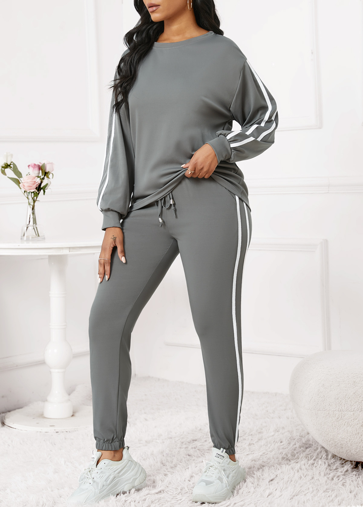 Dark Grey Striped Long Sleeve Regular Sweatshirt and Pants | modlily ...
