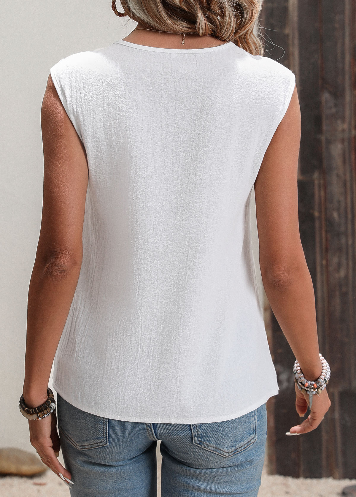 White Button Sleeveless Round Neck Tank Top | modlily.com - USD 32.98