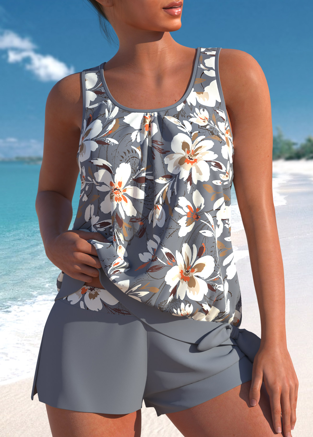 Bowknot Floral Print Grey Tankini Set | modlily.com - USD 42.98