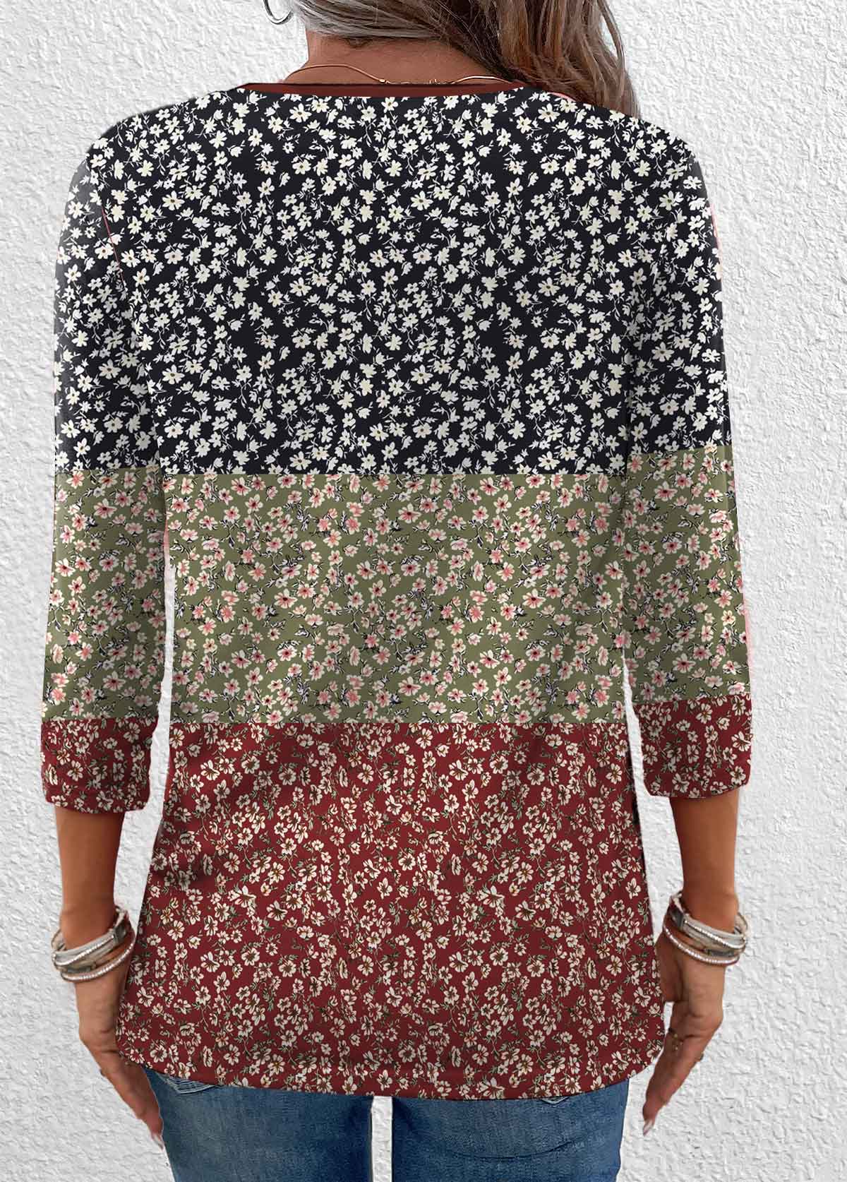 Multi Color Button Ditsy Floral Print T Shirt | modlily.com - USD 33.98