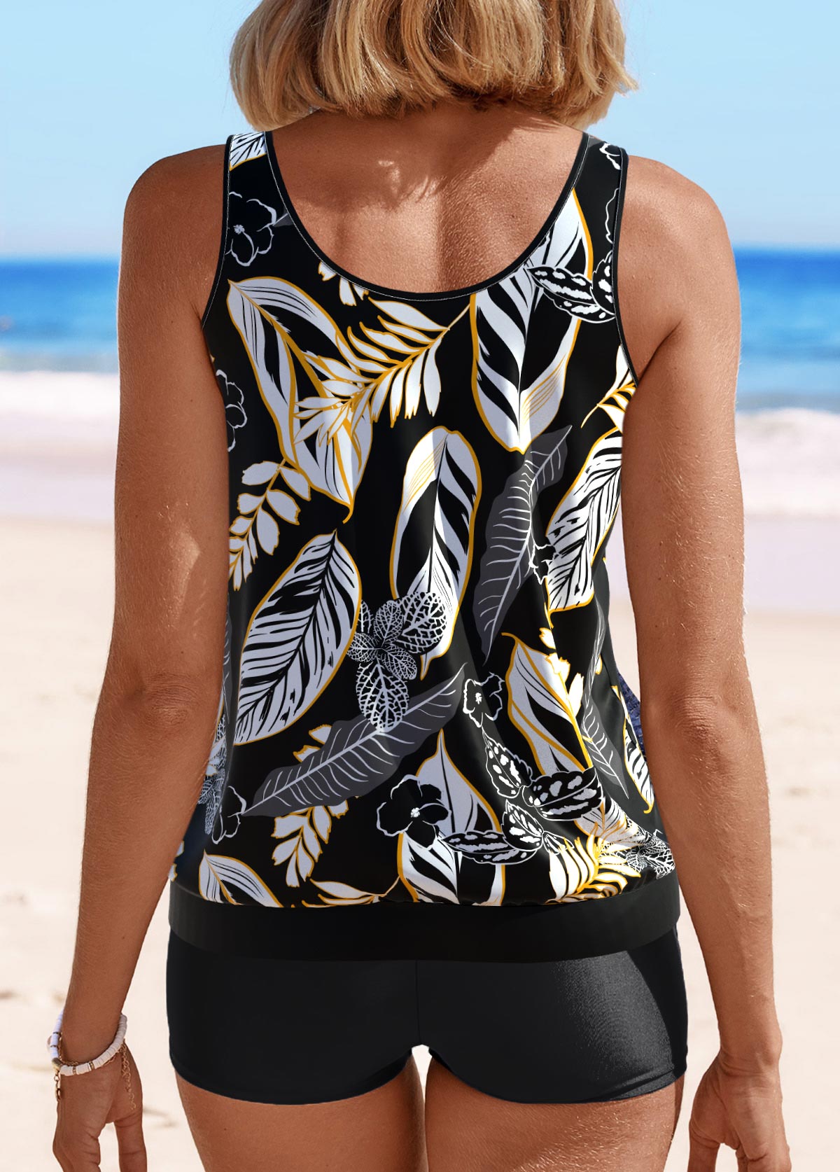 Patchwork Leaf Print Black Tankini Top | modlily.com - USD 36.98