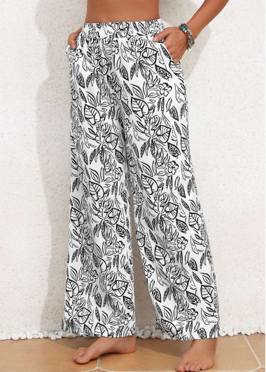 White Pocket Leaf Print Elastic Waist High Waisted Pants | modlily.com ...