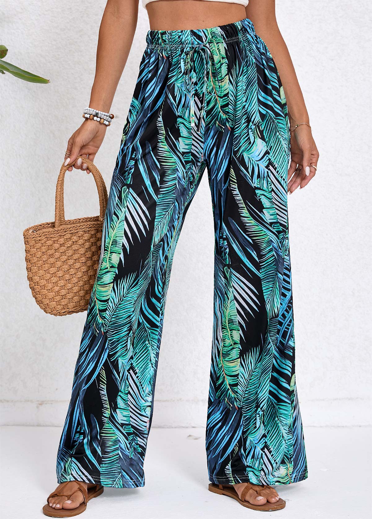Turquoise Drawstring Tropical Plants Print Elastic Waist Pants ...
