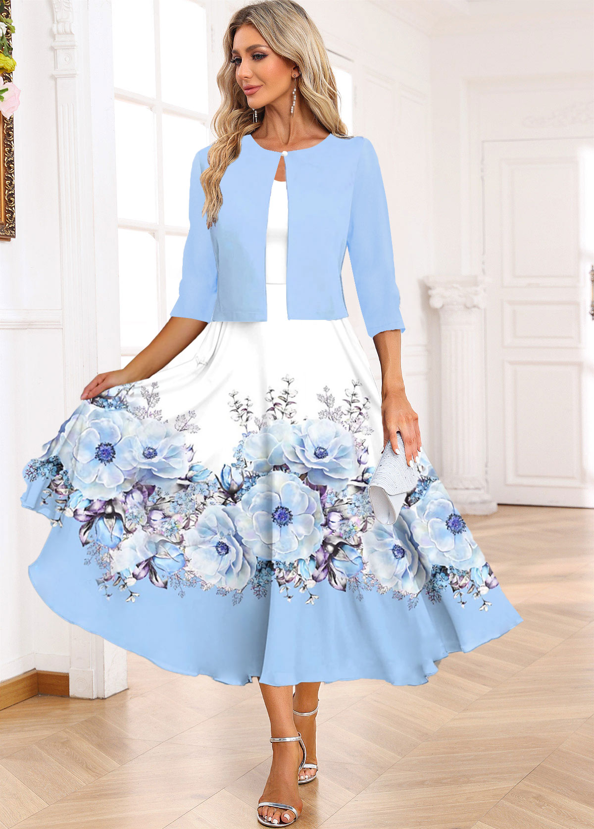 Light Blue Two Piece Floral Print Dress and Cardigan-an amazing $46.98 ...