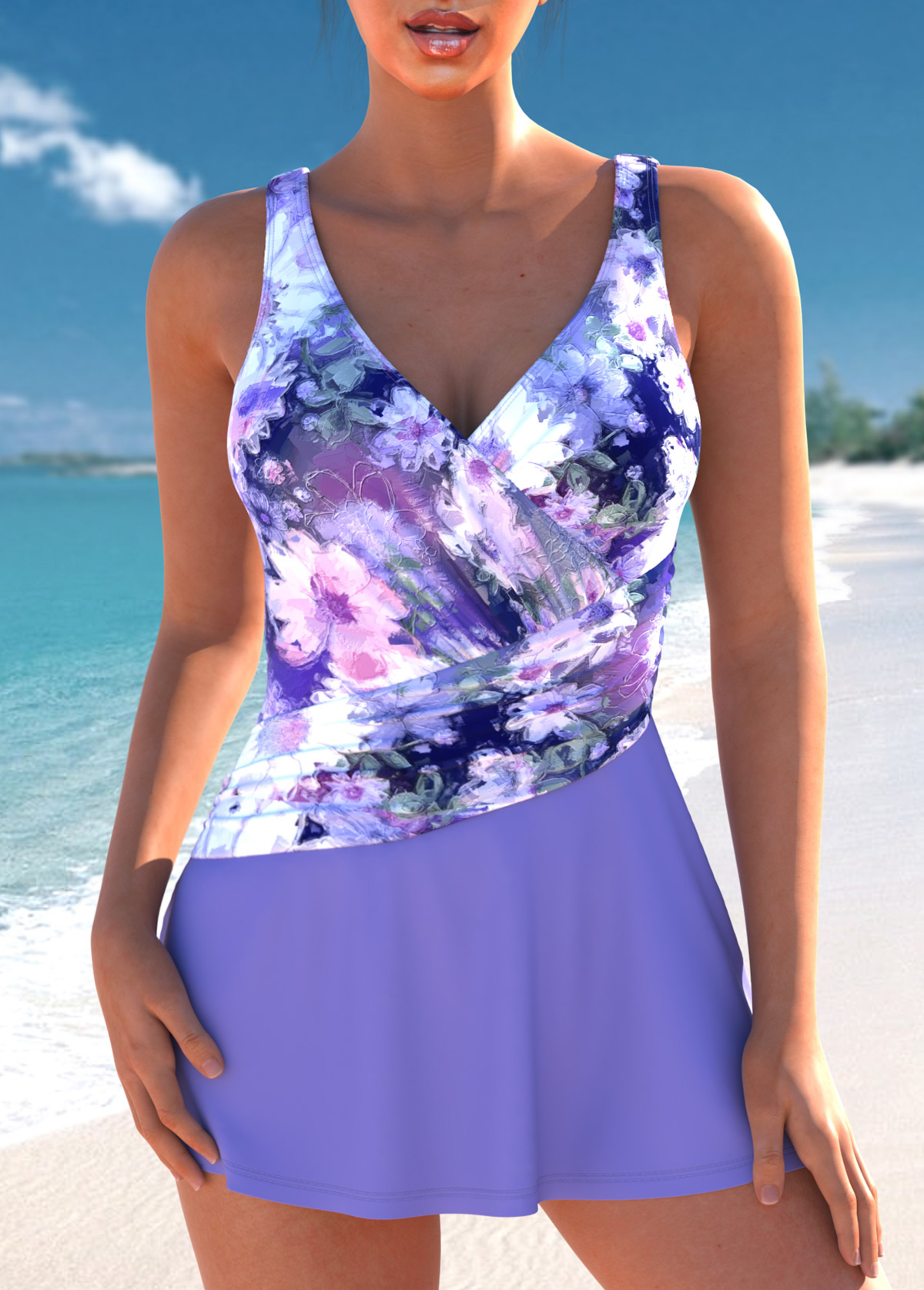 Floral Print Dusty Purple One Piece Swimdress | modlily.com - USD 35.98