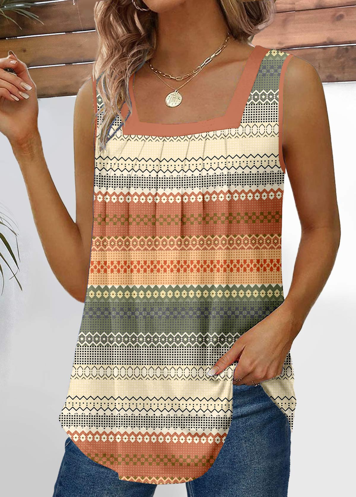 Multi Color Pleated Striped Square Neck Tank Top | modlily.com - USD 26.98