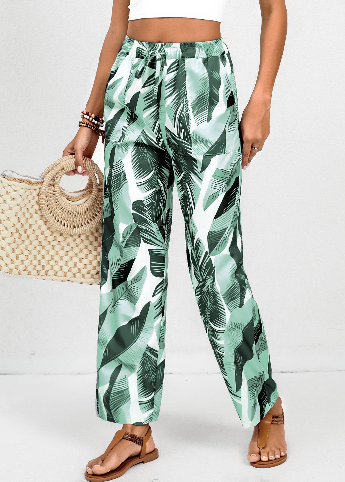 Green Pocket Feathers Print Elastic Waist High Waisted Pants | modlily ...