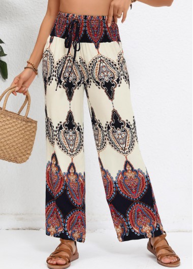 Beige Smocked Tribal Print Elastic Waist High Waisted Pants | modlily ...