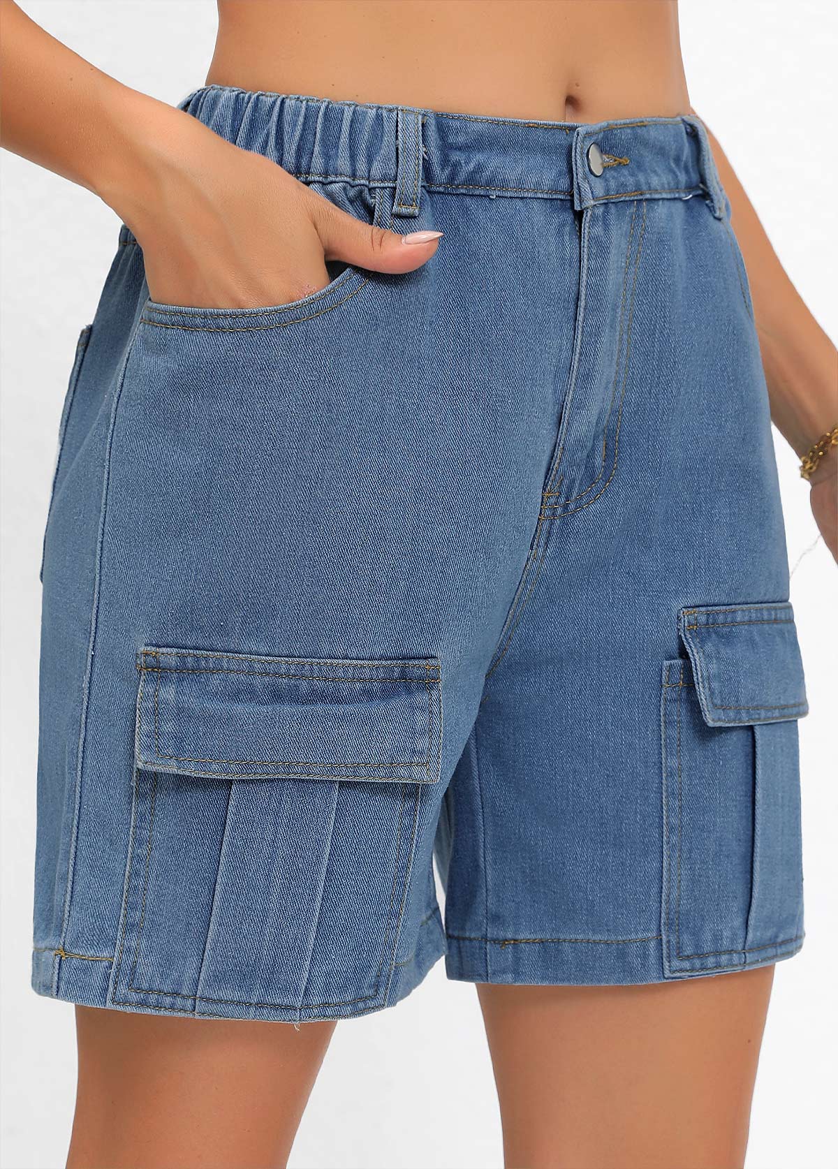 Denim Blue Double Side Pockets Button Fly Shorts | modlily.com - USD 34.98