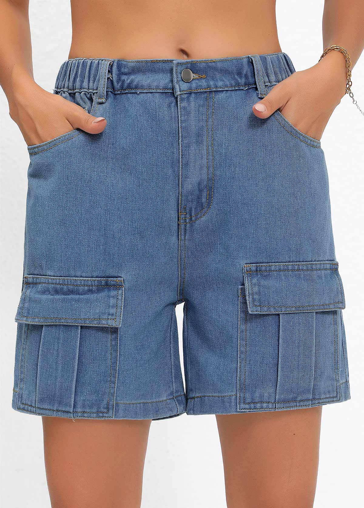 Denim Blue Double Side Pockets Button Fly Shorts | modlily.com - USD 34.98