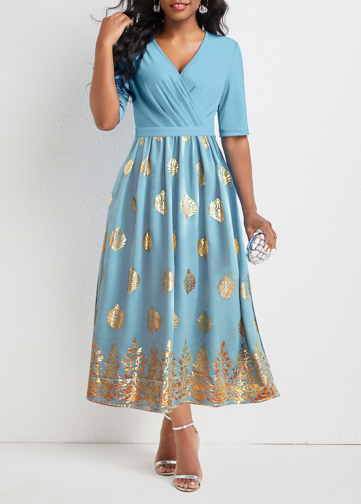 Light Blue Surplice Tribal Print Short Sleeve Dress | modlily.com - USD ...