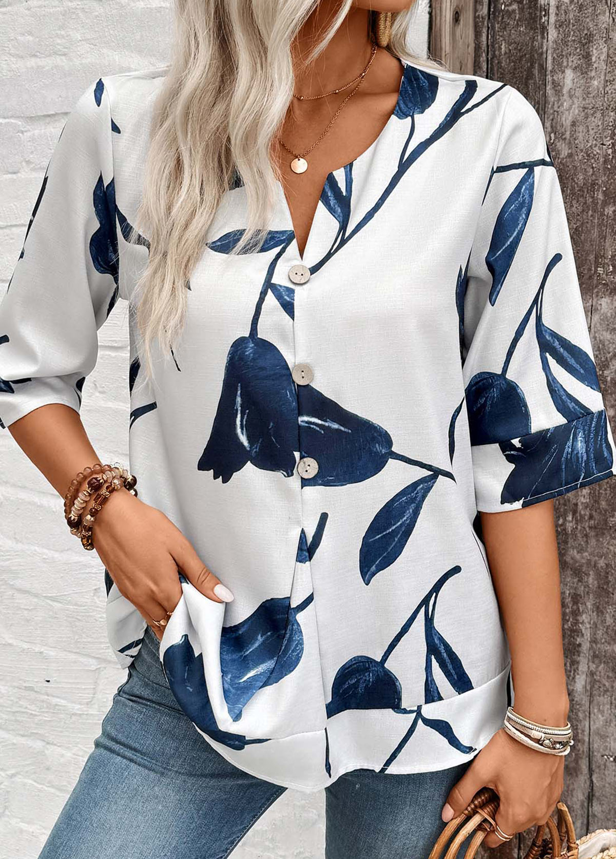 White Button Floral Print Half Sleeve Split Neck Shirt | modlily.com ...