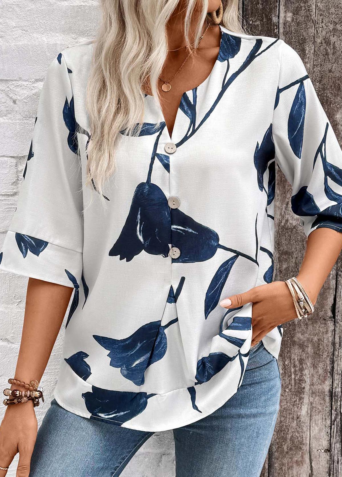 White Button Floral Print Half Sleeve Split Neck Shirt | modlily.com ...