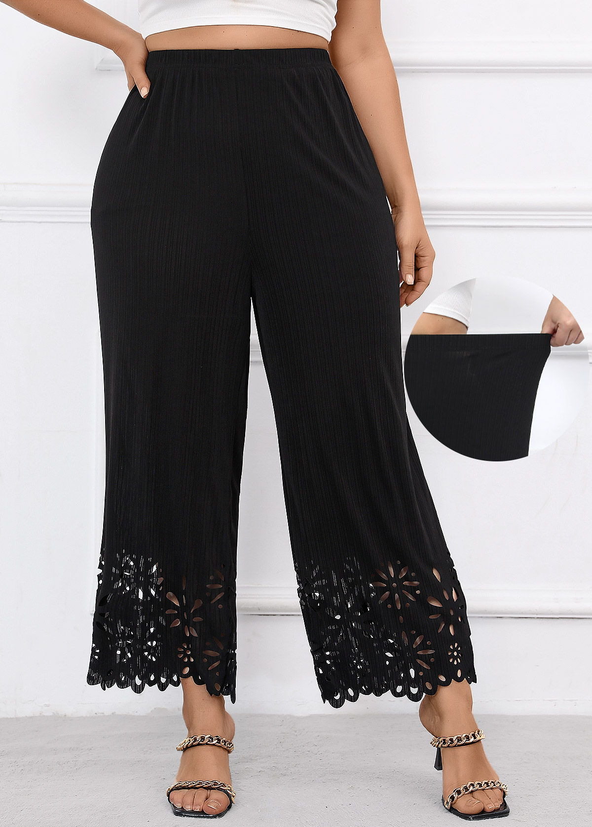 Black Scalloped Hem Plus Size Elastic Waist Pants | modlily.com - USD 29.98