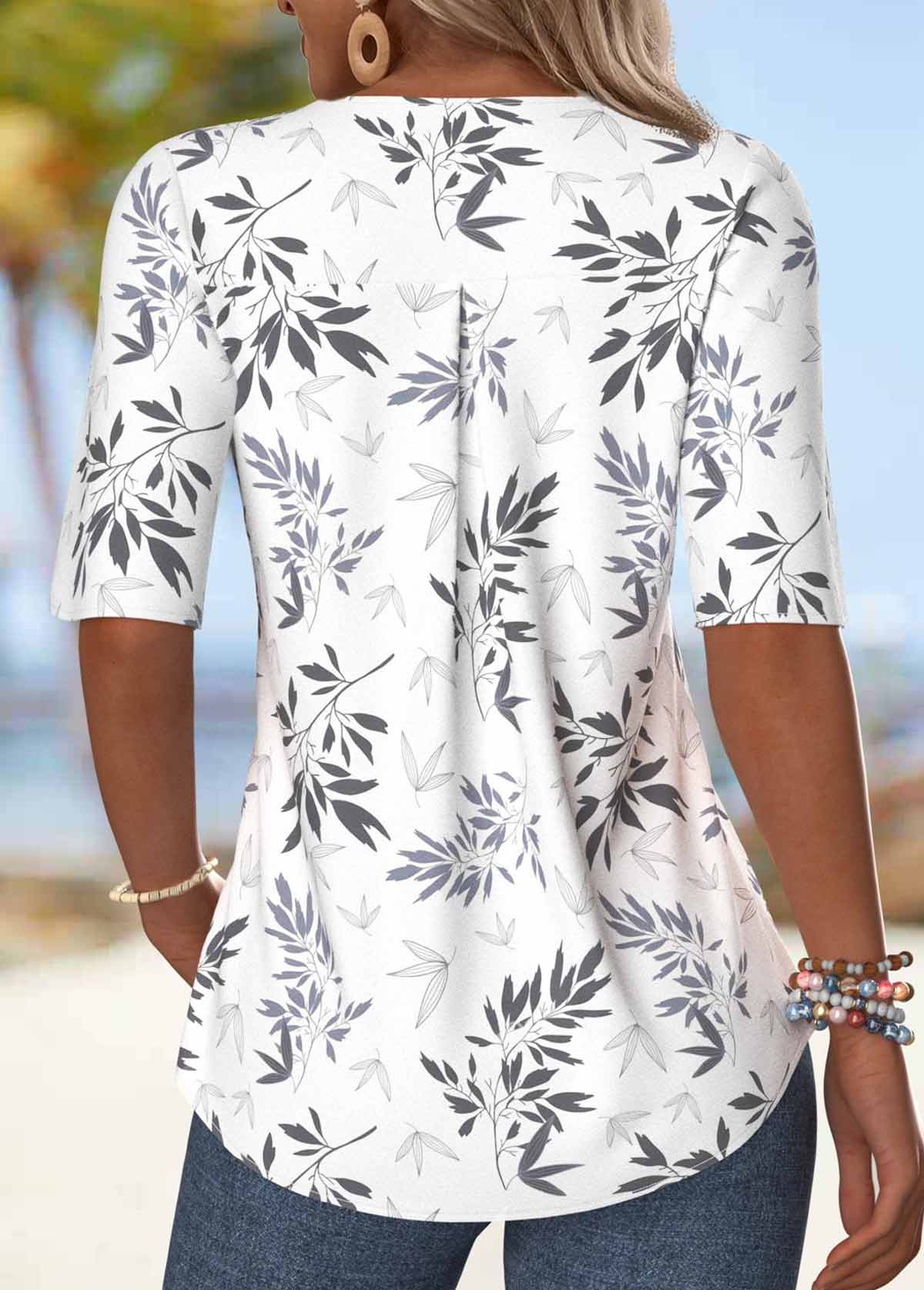 White Ruffle Leaf Print V Neck Blouse | modlily.com - USD 26.98