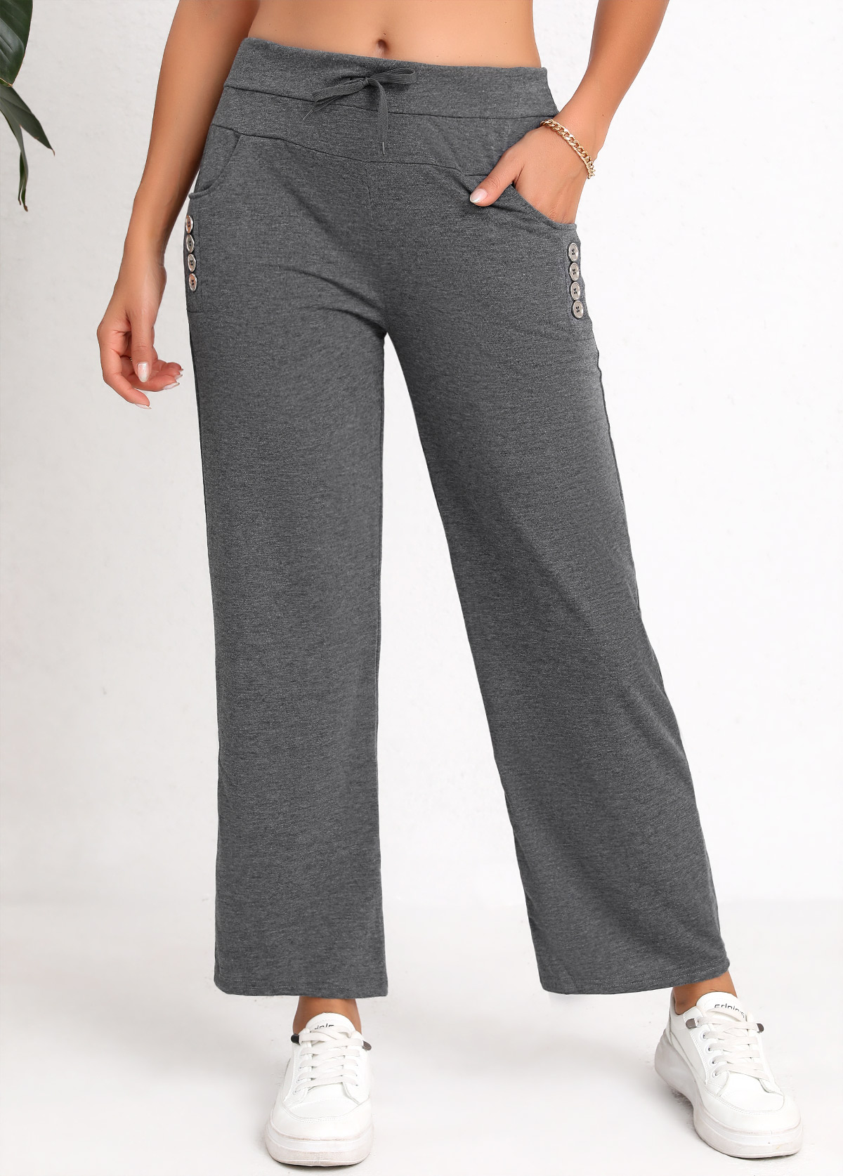 Dark Grey Button Elastic Waist Mid Waisted Pants | modlily.com - USD 21.98