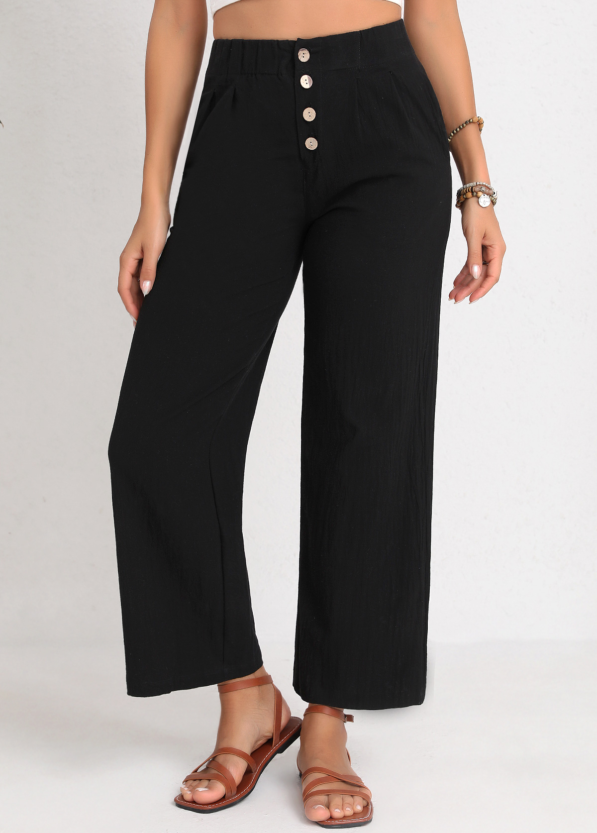 Black Button High Waisted Wide Leg Pants | modlily.com - USD 27.98