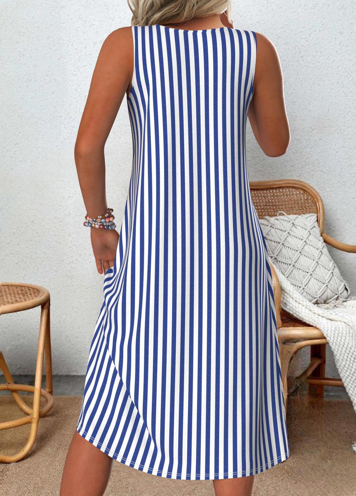 Blue Patchwork Striped A Line Sleeveless V Neck Dress | modlily.com ...