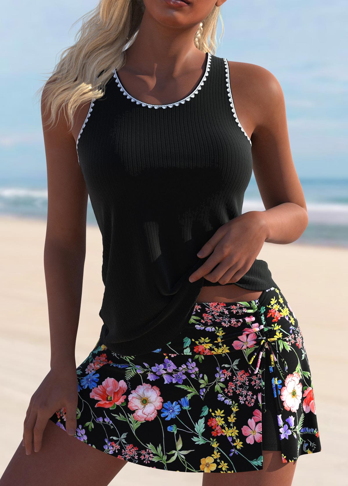 Cut Out Ditsy Floral Print Black Tankini Set | modlily.com - USD 38.98