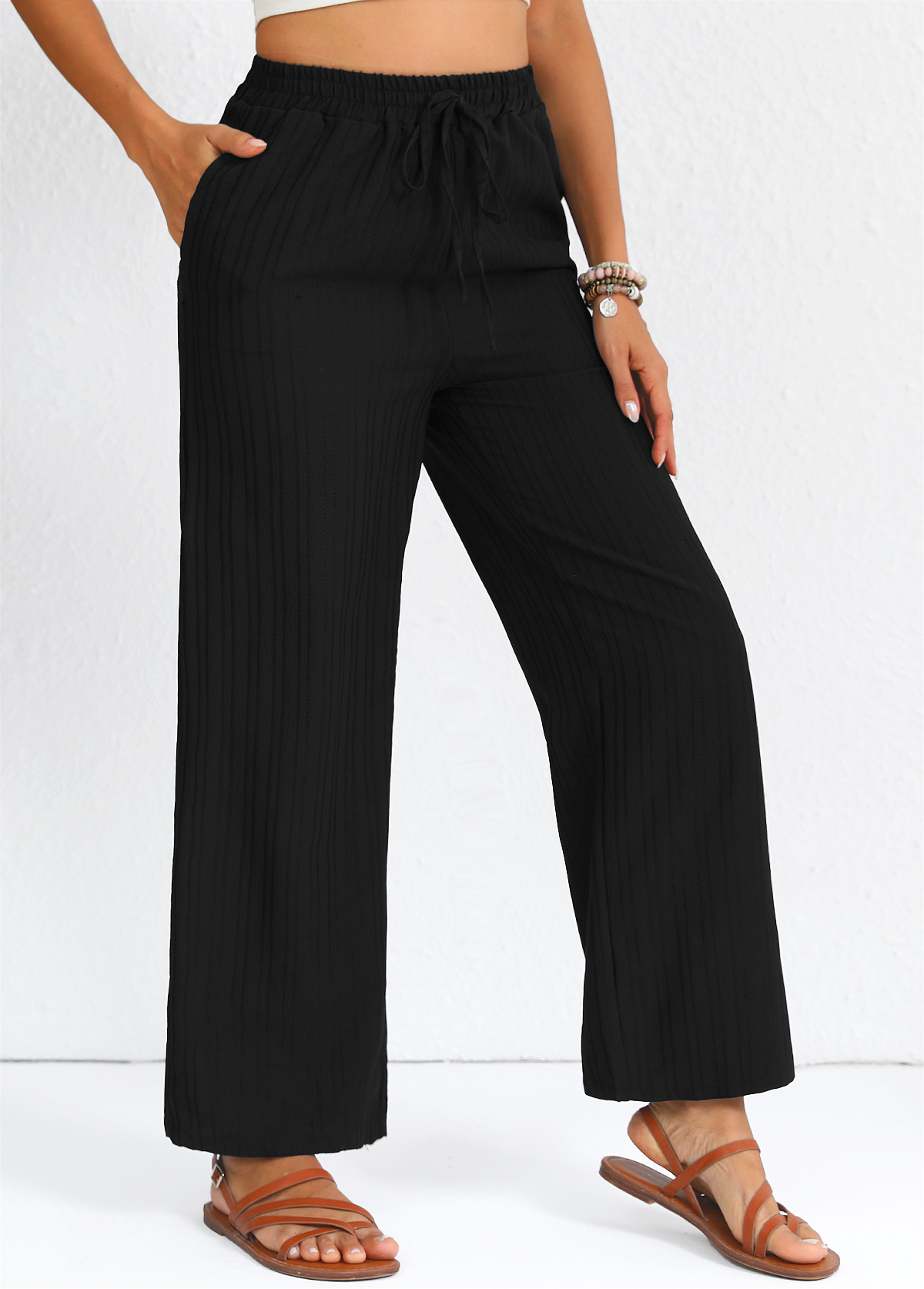 Black Drawstring Elastic Waist High Waisted Pants | modlily.com - USD 31.98