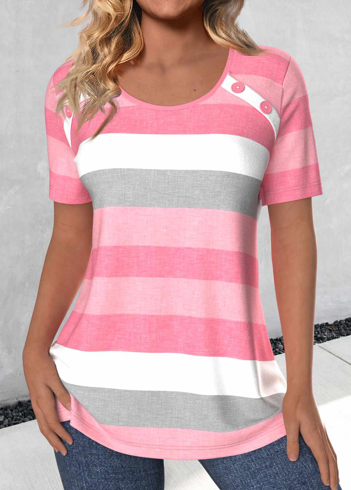 Light Pink Button Striped Short Sleeve T Shirt-an amazing $33.98-Tops ...