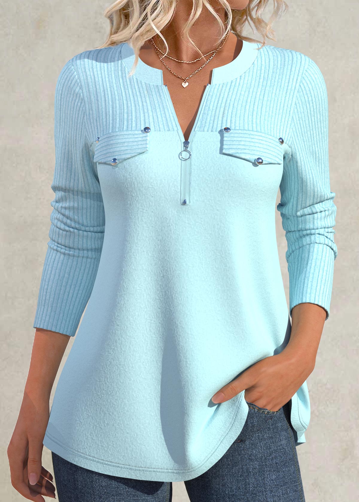 Mint Green Zipper Long Sleeve Split Neck Shirt | modlily.com - USD 32.98