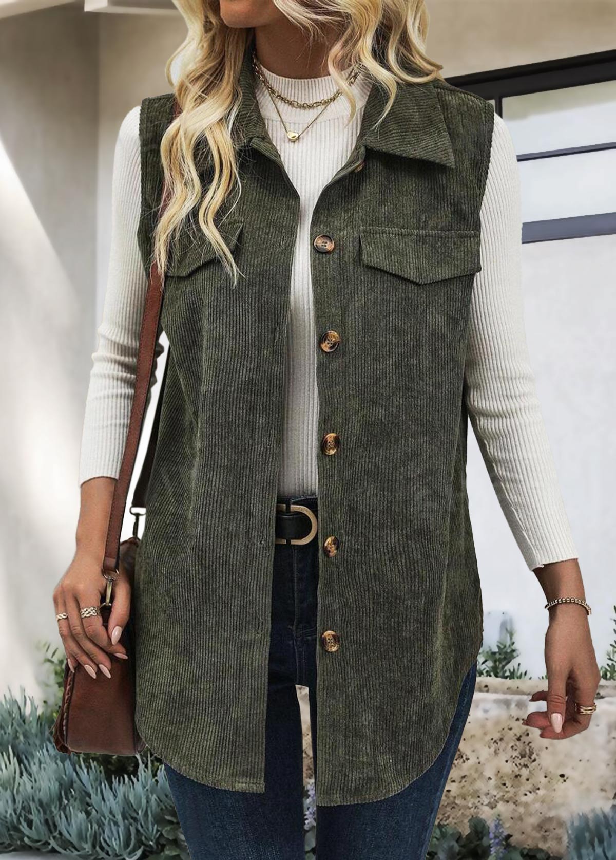 Olive Green Patchwork Sleeveless Shirt Collar Corduroy Waistcoat ...