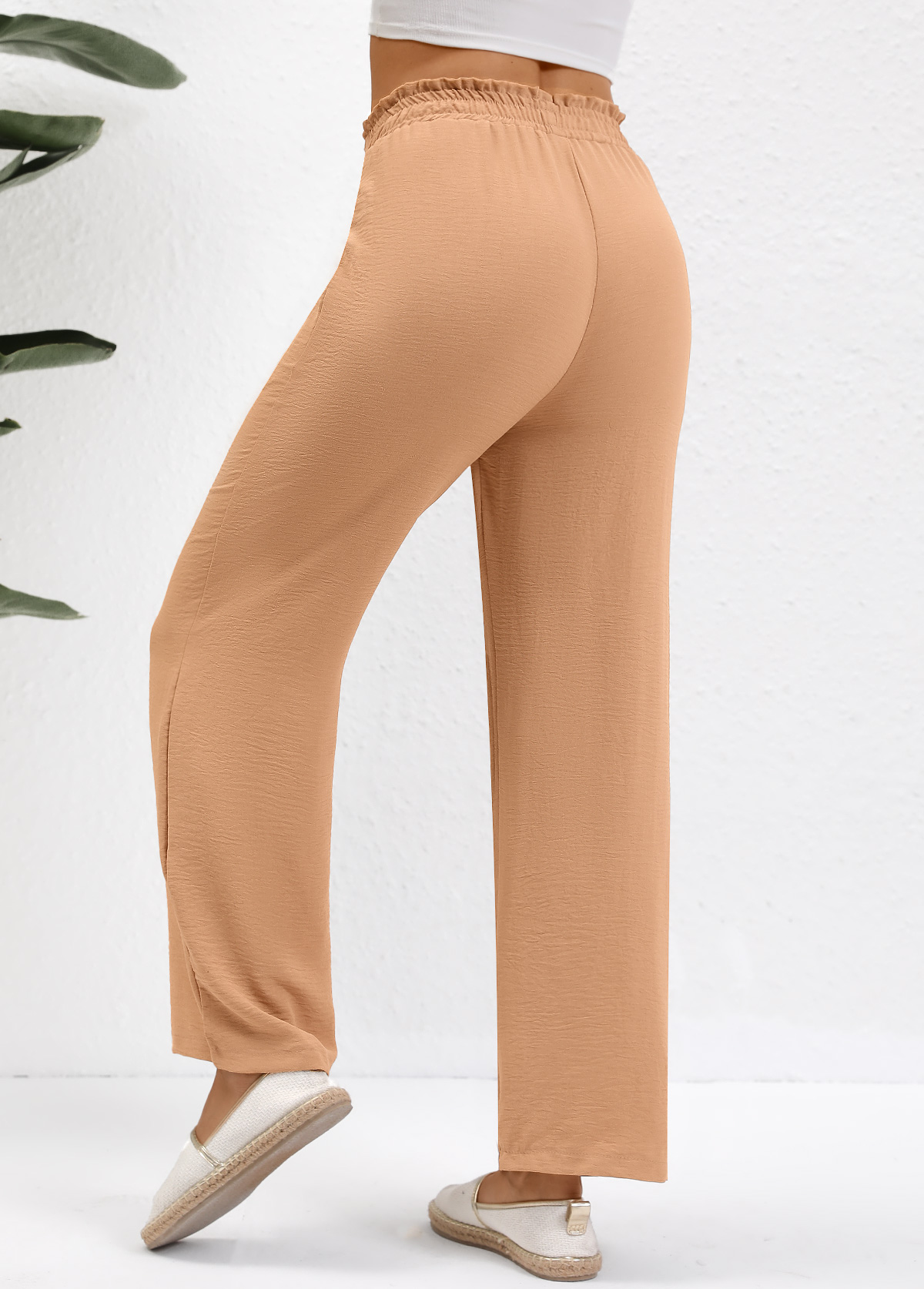 Light Coffee Straight Leg Elastic Waist High Waisted Pants | modlily ...