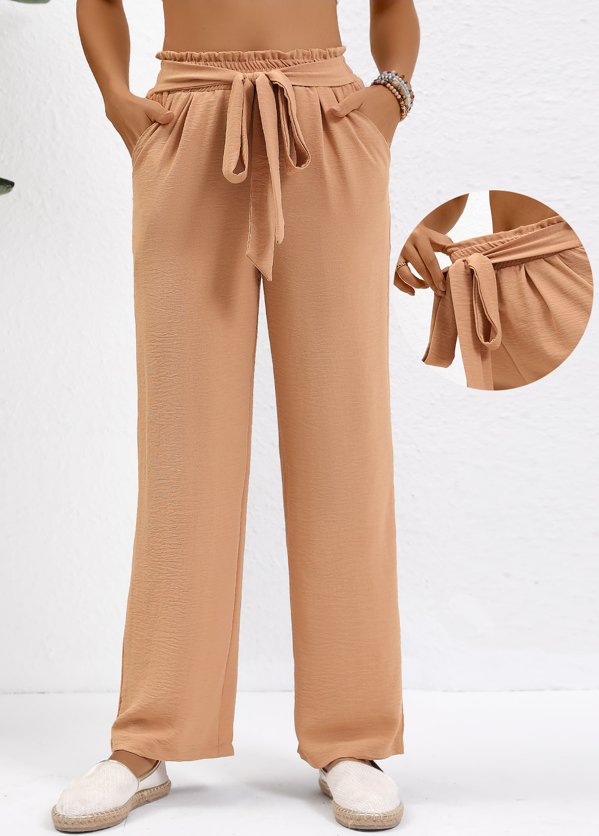 Light Coffee Straight Leg Elastic Waist High Waisted Pants | modlily ...