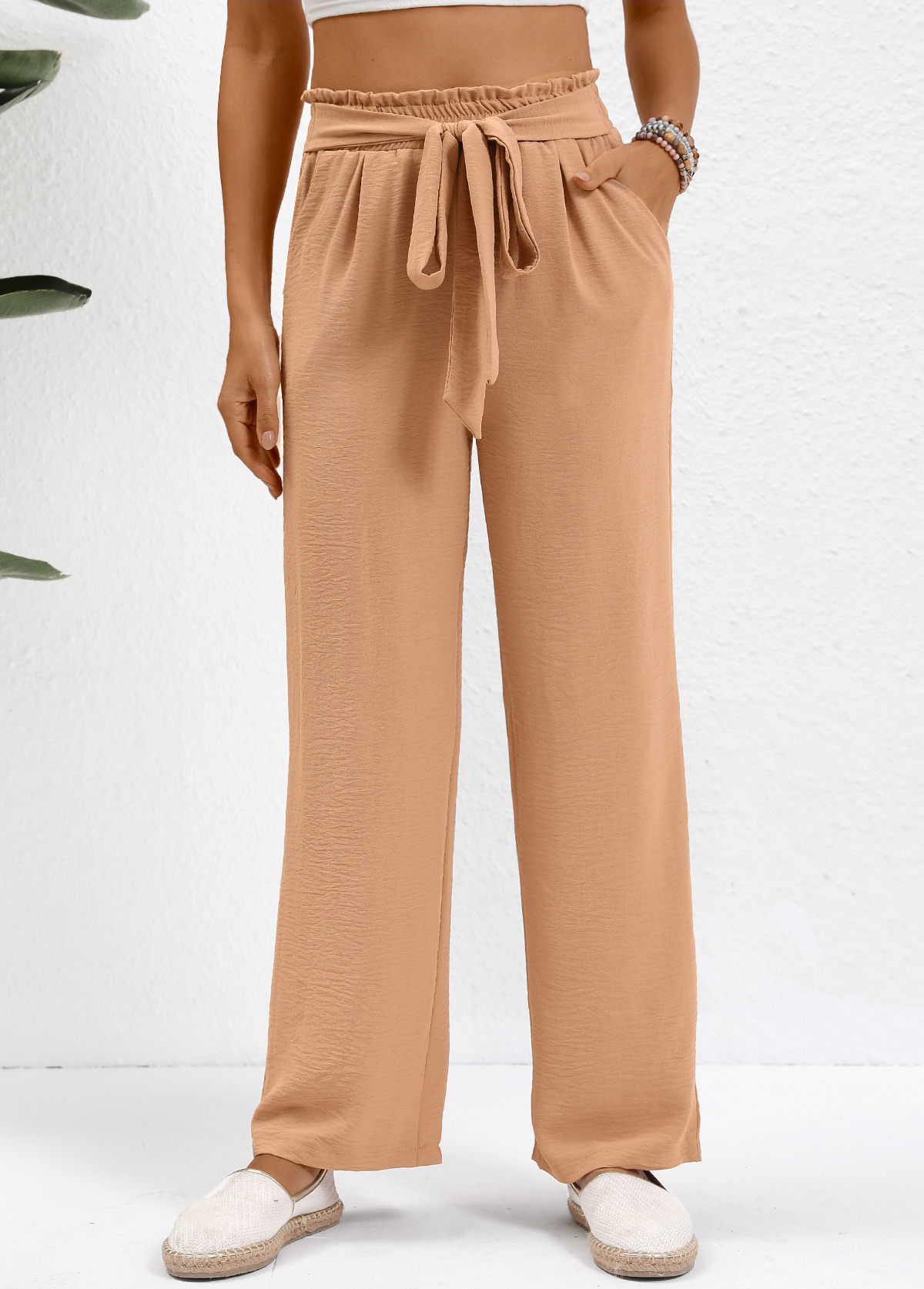 Light Coffee Straight Leg Elastic Waist High Waisted Pants | modlily ...