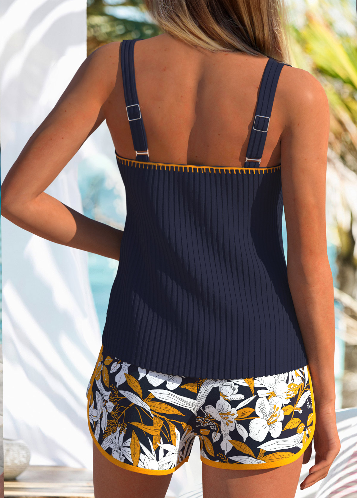 Patchwork Tropical Plants Print Navy Tankini Set | modlily.com - USD 36.98