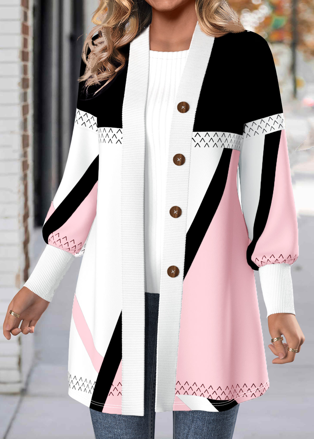 Light Pink Button Geometric Print Long Sleeve Coat | modlily.com - USD ...
