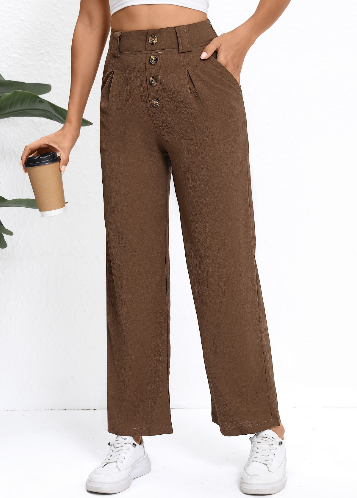 Dark Coffee Button Straight Leg High Waisted Pants | modlily.com - USD ...