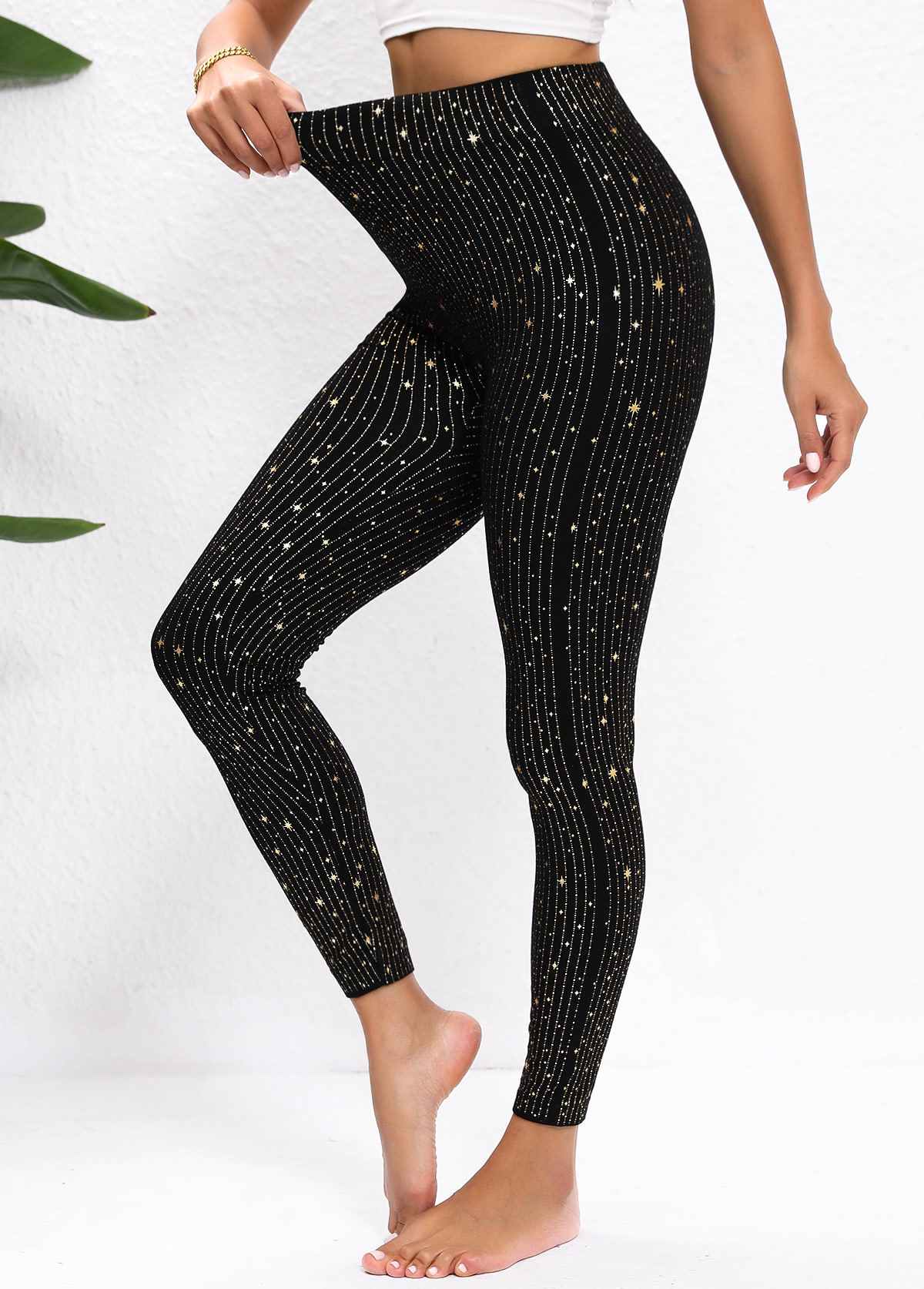 Black Star Print Skinny Elastic Waist High Waisted Pants | modlily.com ...