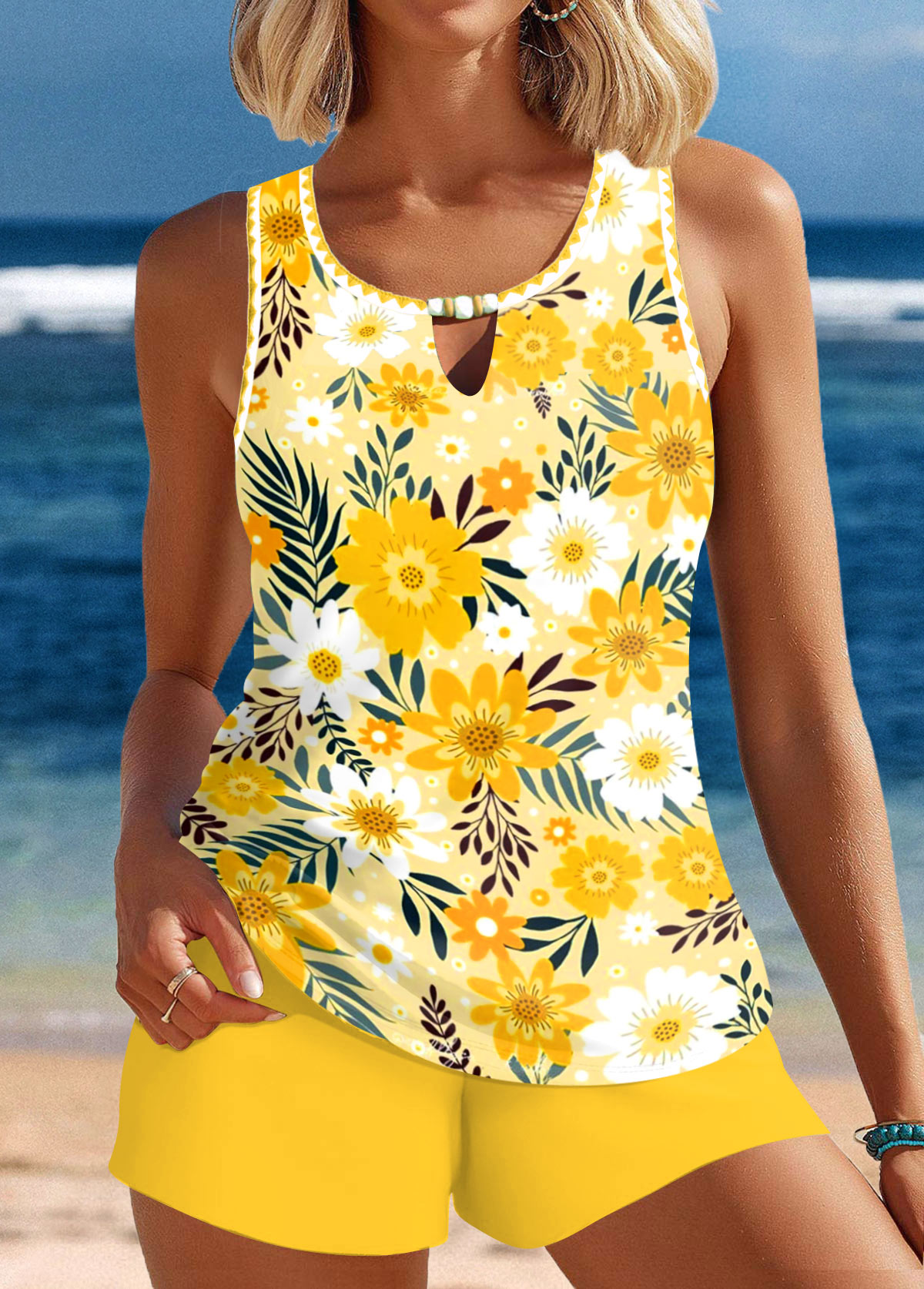 Cut Out Mid Waisted Floral Print Yellow Tankini Set | modlily.com - USD ...