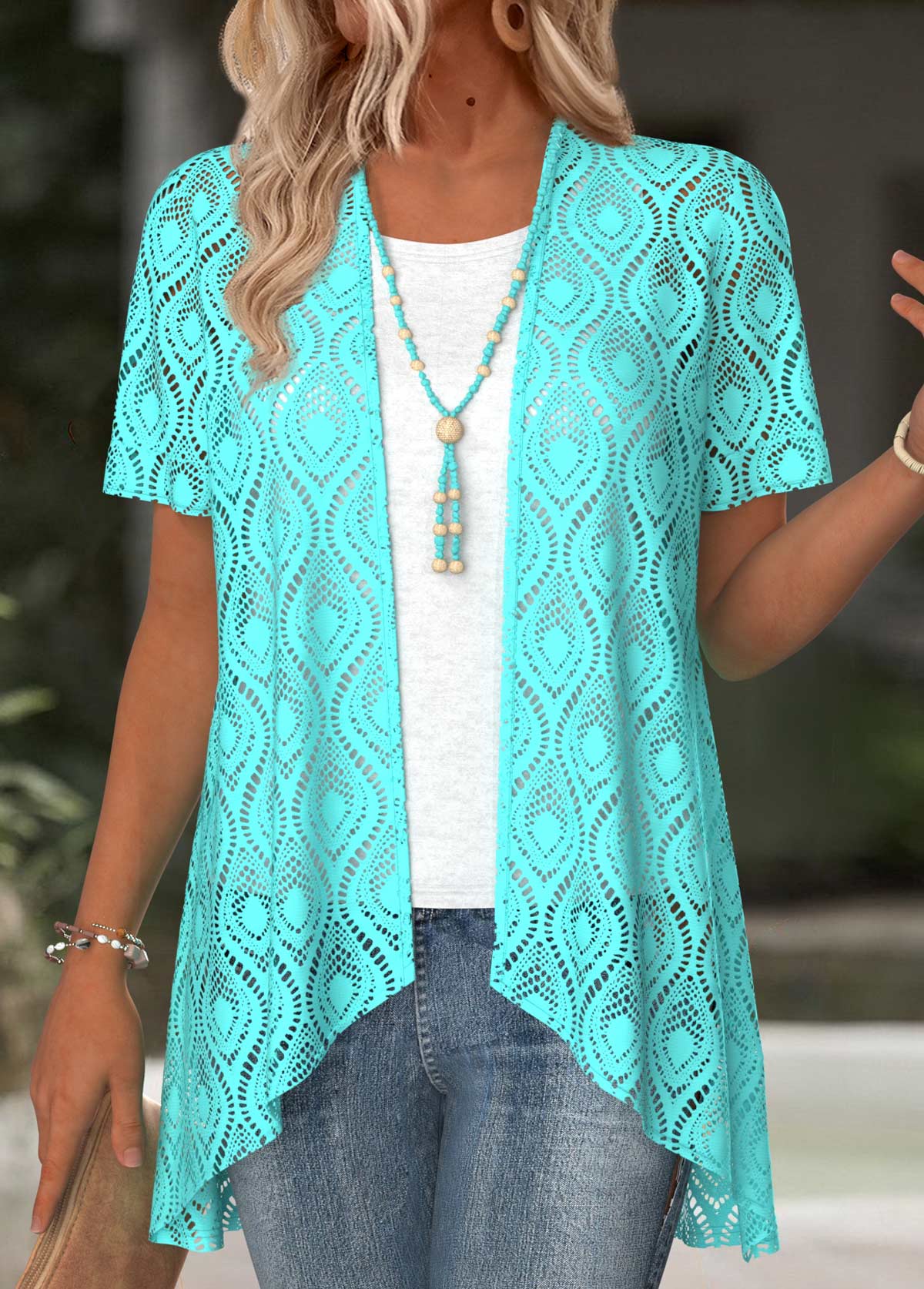 White Short Sleeve Lace Light Cardigan | modlily.com - USD 33.98
