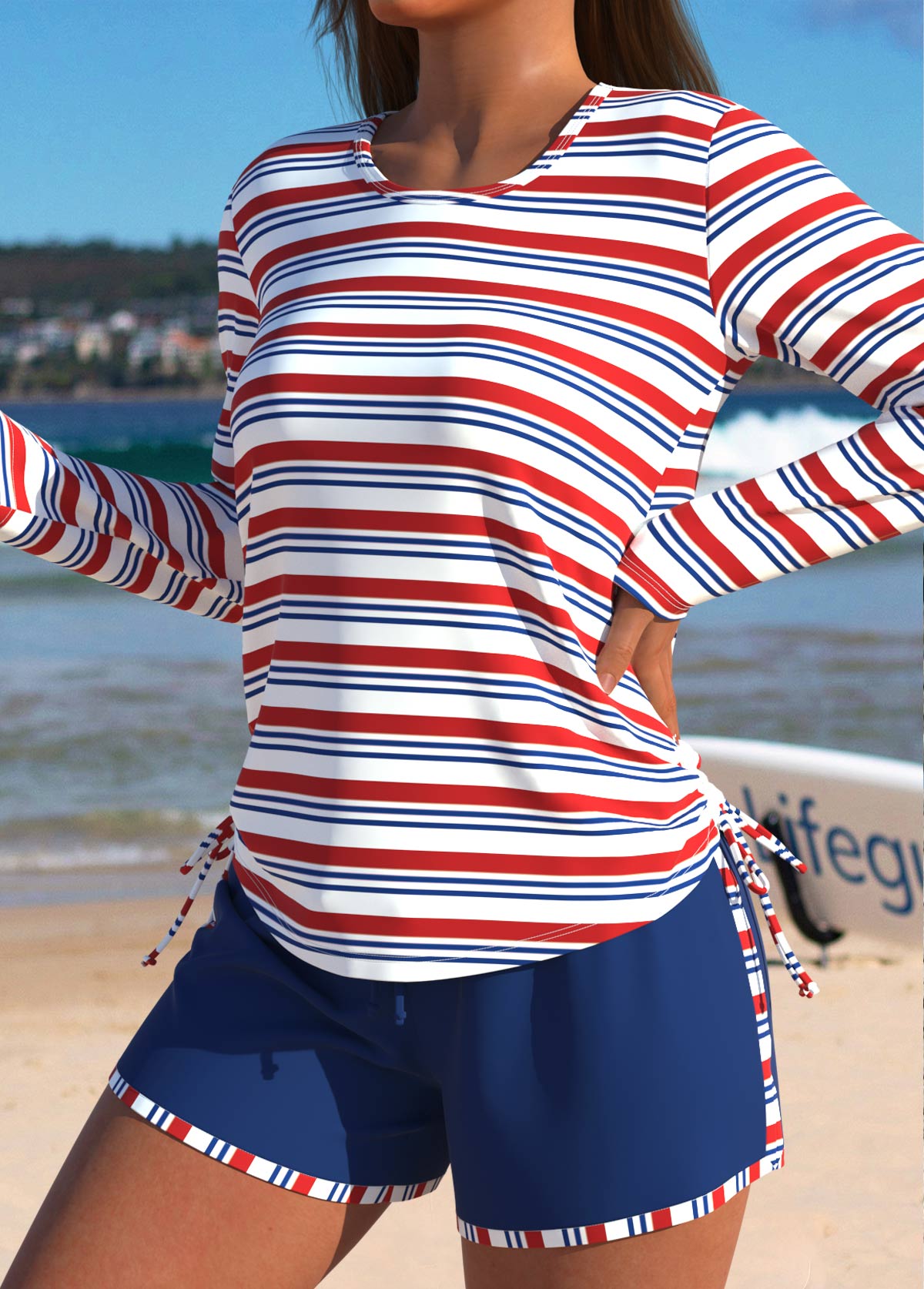 Mid Waisted Striped Blue Tankini Set – High Stretch Adjustable Vacation ...