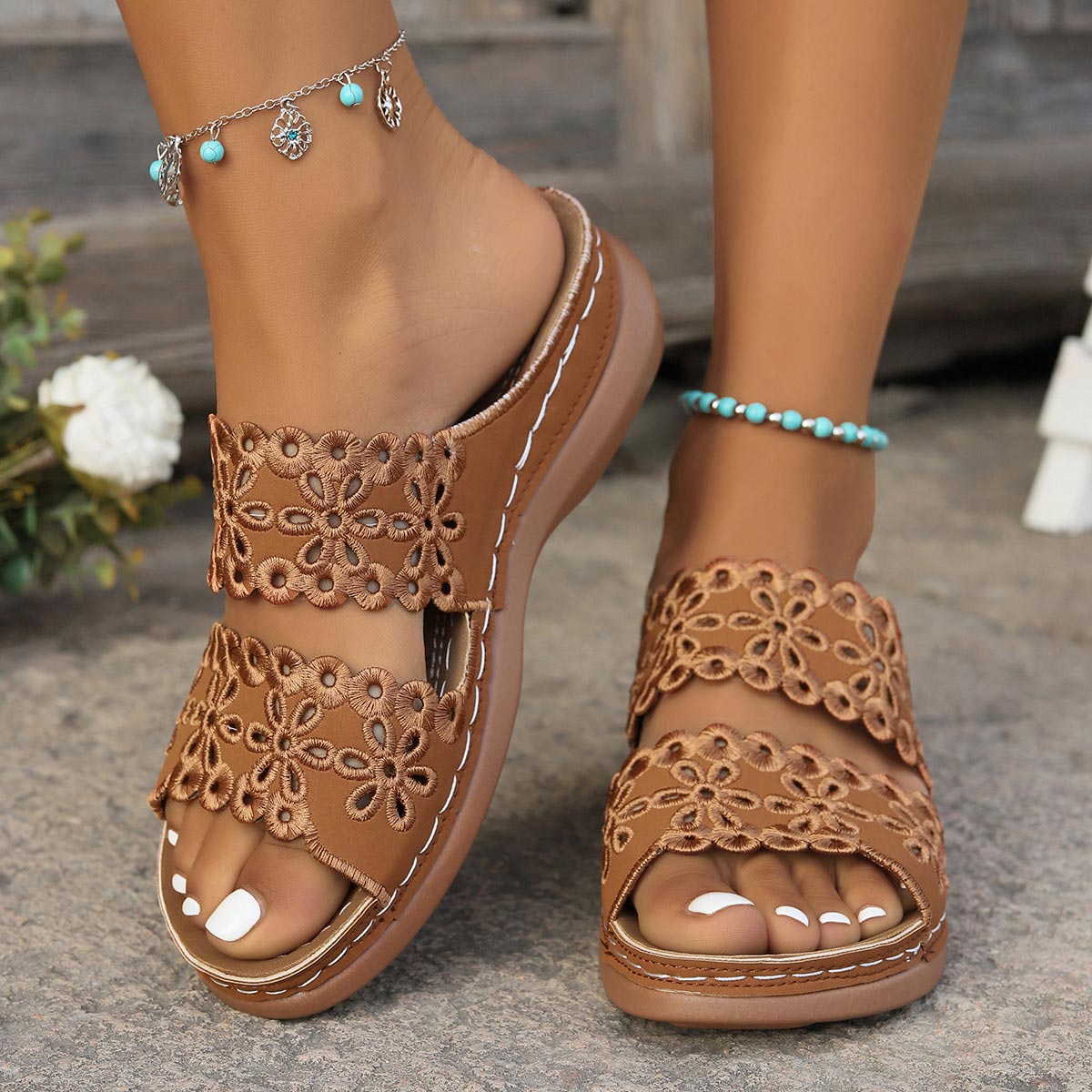 Dark Camel Peep Toe Low Heel Sliders-an amazing $31.98-Shoes for Women ...