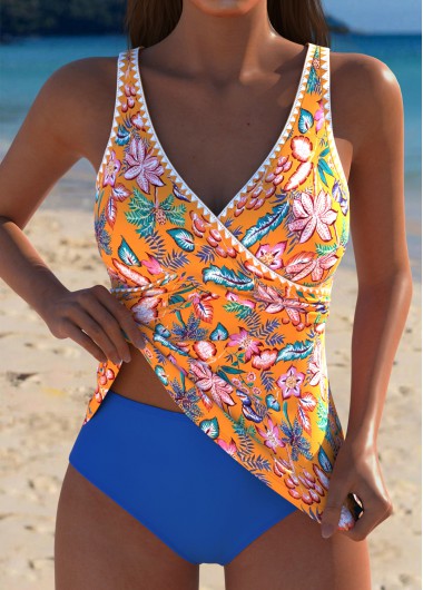 Mid Waisted Floral Print Orange Tankini Set | modlily.com - USD 39.98