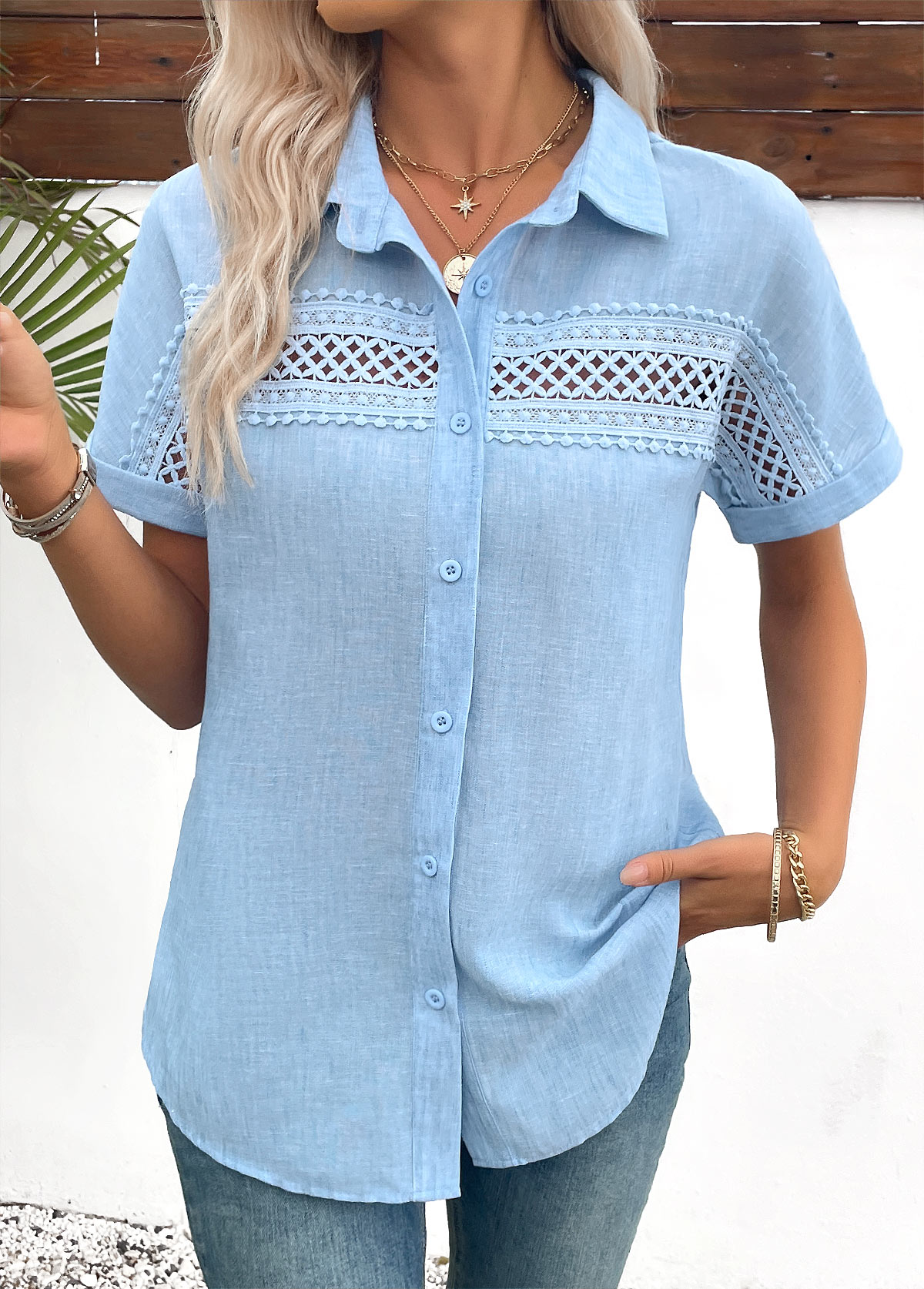 Light Blue Patchwork Short Sleeve Shirt | modlily.com - USD 39.98
