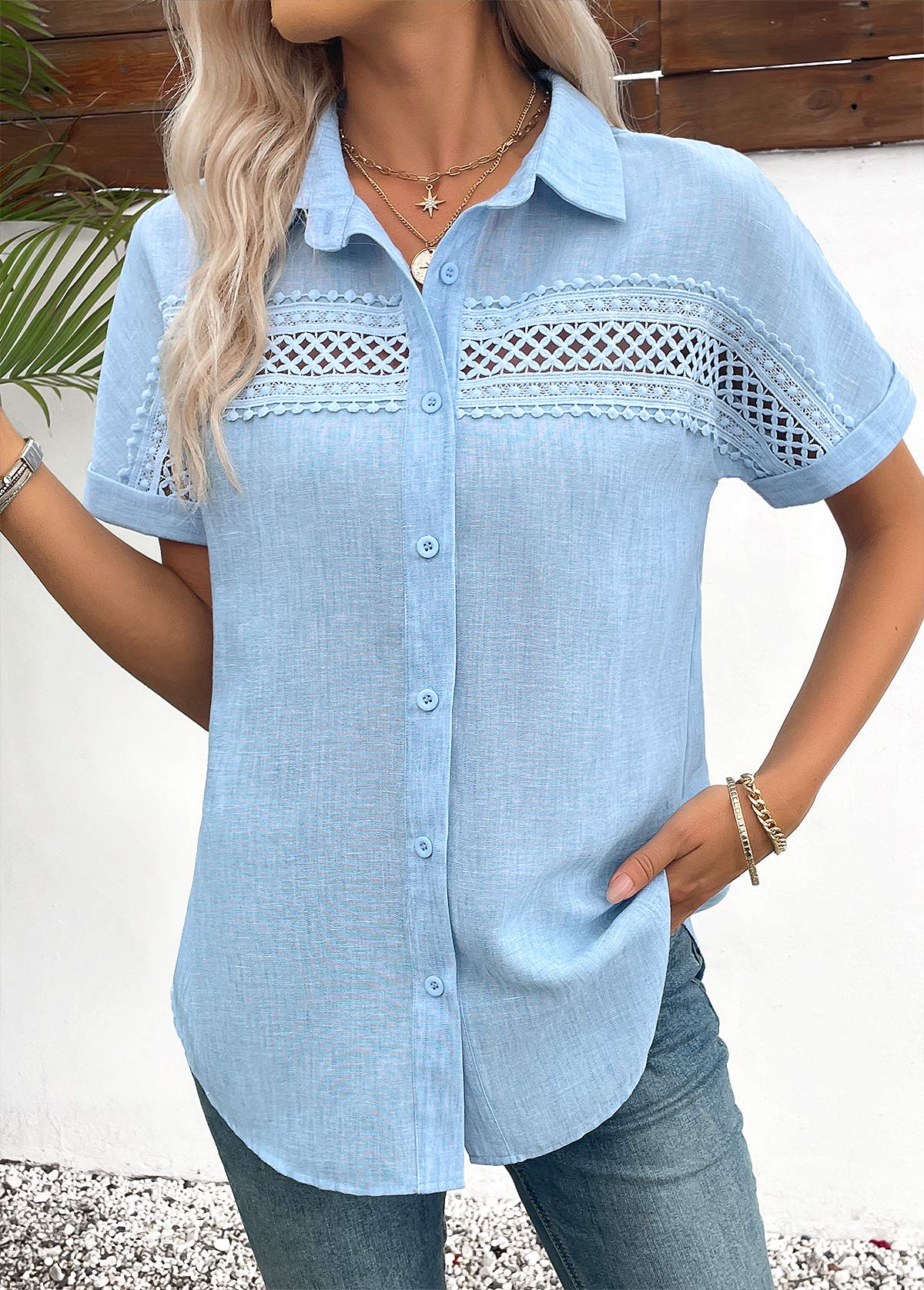 Light Blue Patchwork Short Sleeve Shirt | modlily.com - USD 39.98