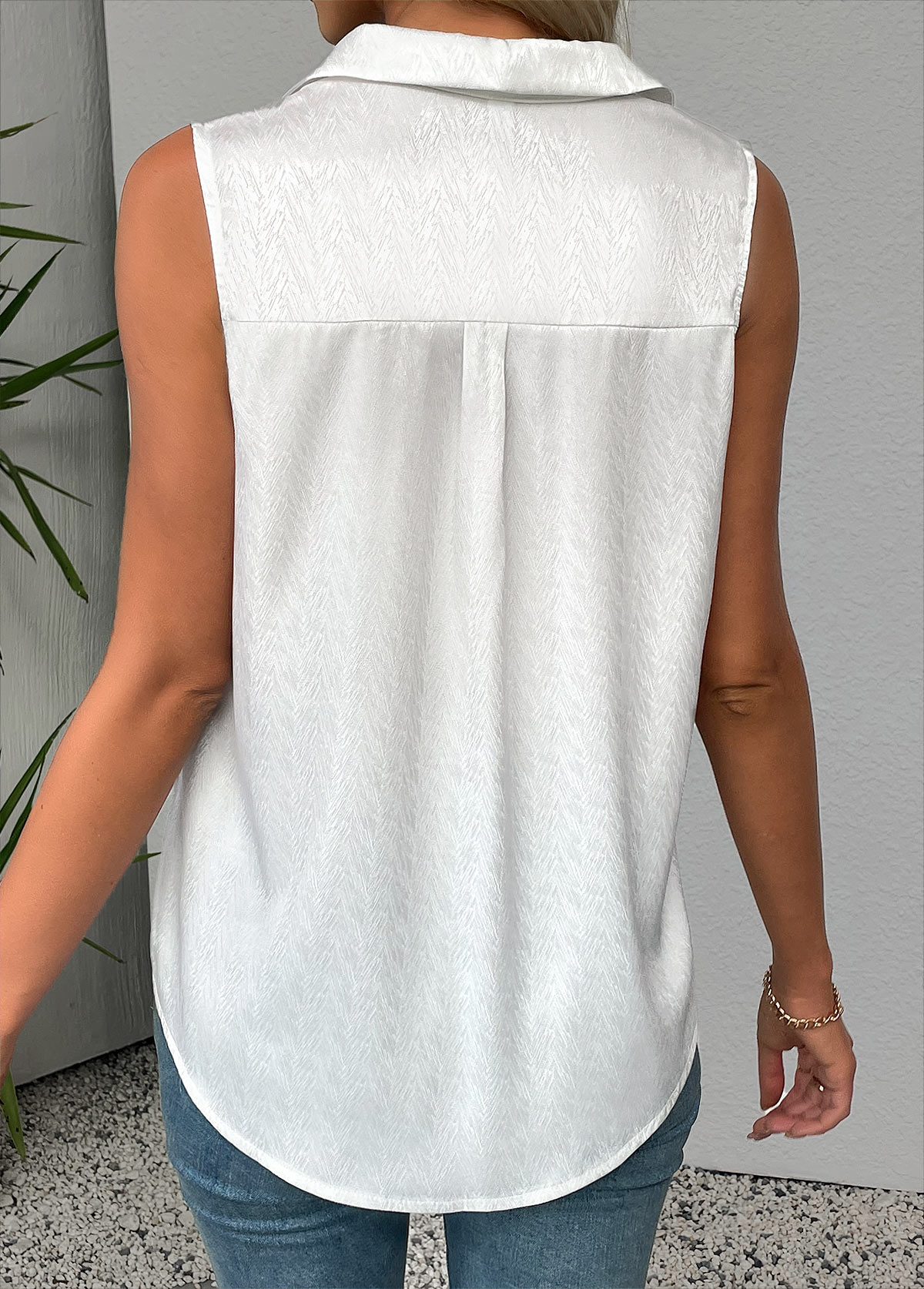 White Sleeveless Shirt Collar Tank Top | modlily.com - USD 39.98