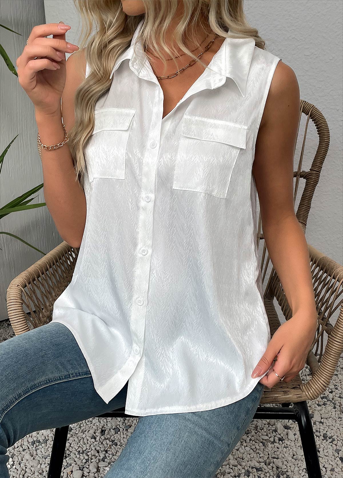 White Sleeveless Shirt Collar Tank Top | modlily.com - USD 39.98