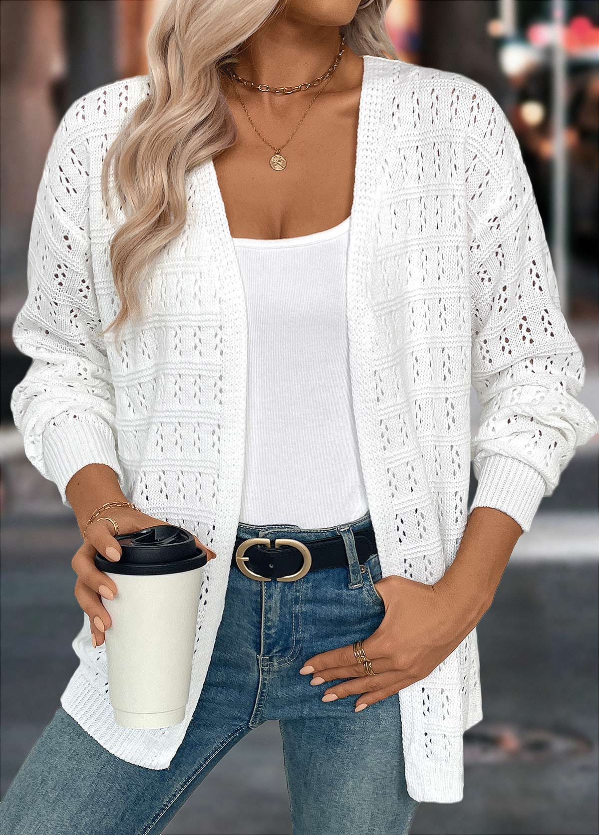 White Drop Shoulder Open Front Shrug – Soft Tummy Coverage Knit Tunic ...