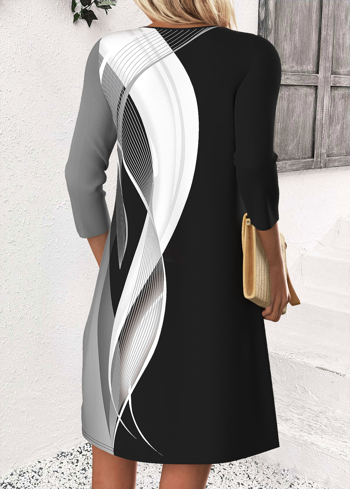 Black Short 3/4 Sleeve Split Neck Dress | modlily.com - USD 38.98