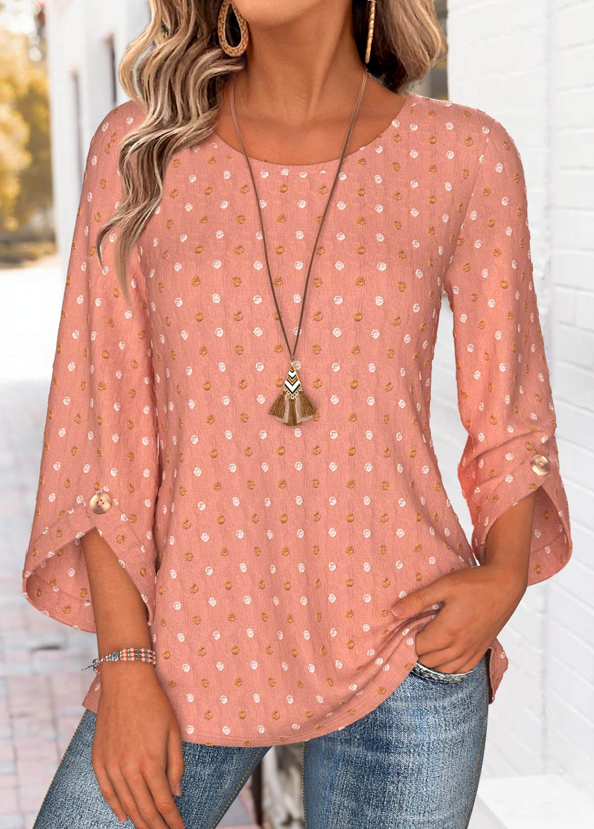 Dusty Pink 3/4 Sleeve Round Neck Blouse-an amazing $32.98-Tops for ...