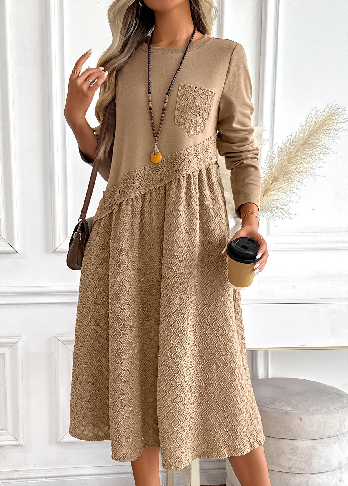 Dark Camel Knit Midi Dress Tummy Coverage Long Sleeve