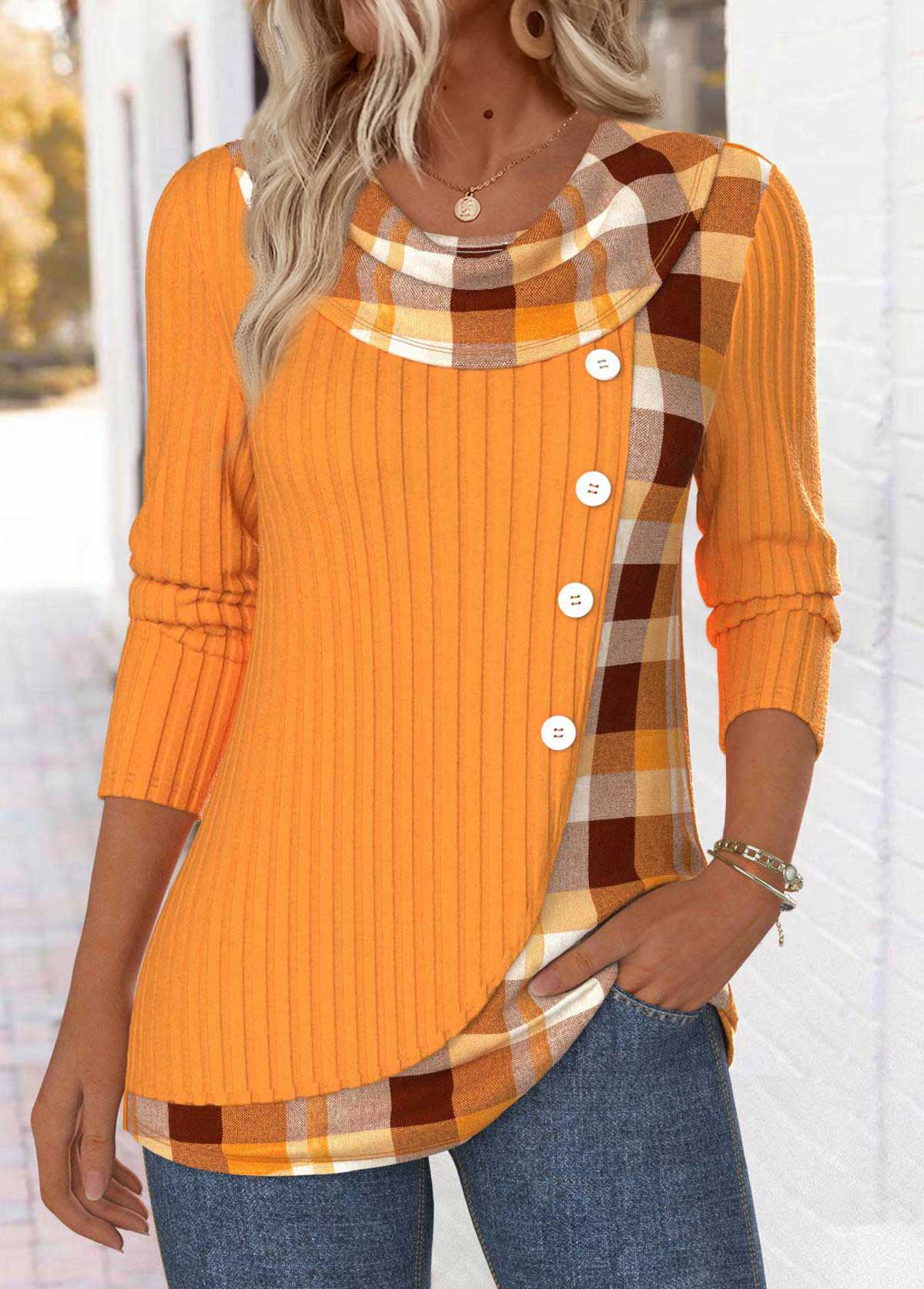 Neon Orange Tummy Coverage Plaid Long Sleeve T-Shirt – Ribbed Draped ...