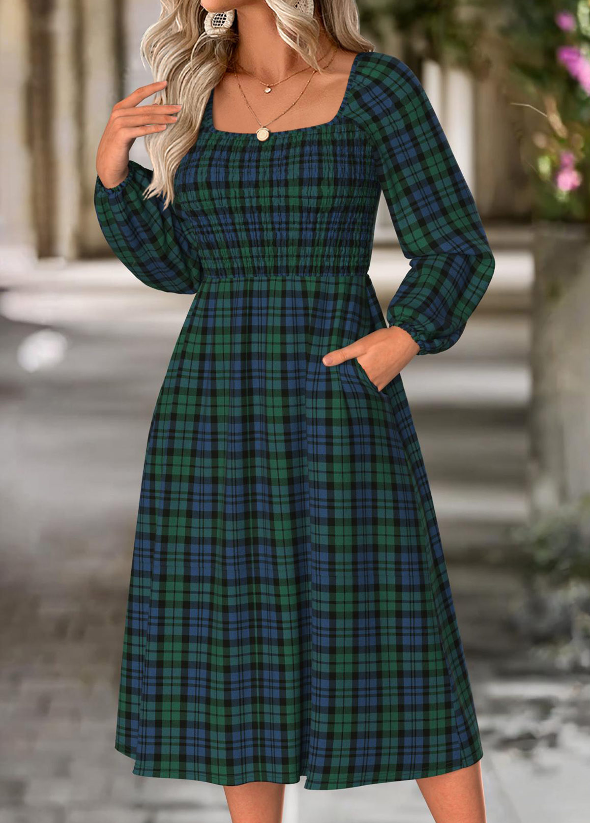 Green Tummy Coverage Plaid Long Sleeve Square Neck Dress-an amazing $39 ...